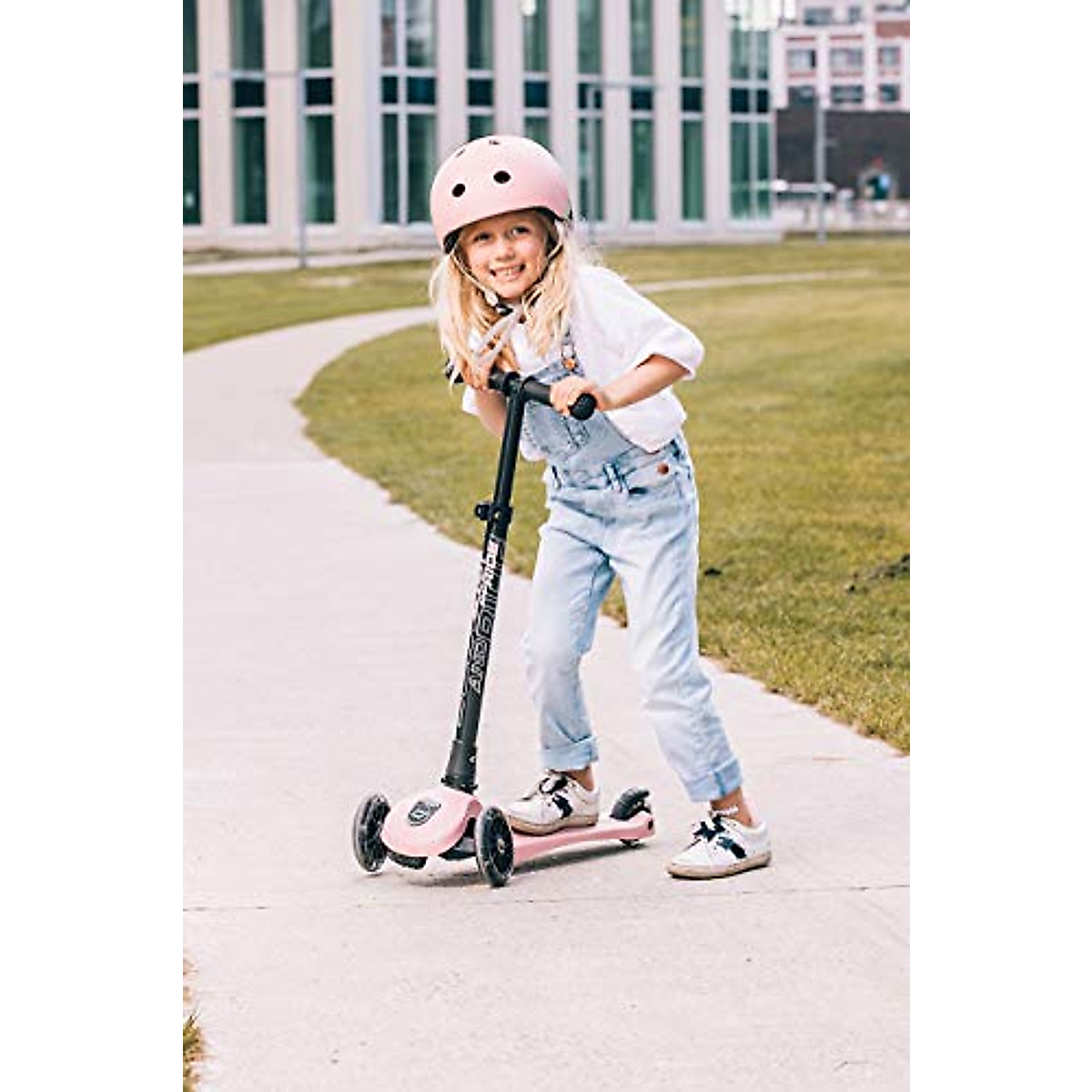Scoot & Ride - Highwaykick 3 Children Adjustable Wide Deck Standing Scooter Including Safety Pad and LED Wheels (Rose) - for Ages 3-6