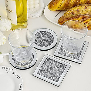 ToPToToo Mirrored Crystal Glass Coasters for Drink Crushed Diamond Decor Cup Coasters Set of 4,Square Personalized Coasters with Holder for Wooden Coffee Table (4 X 4 Inch)