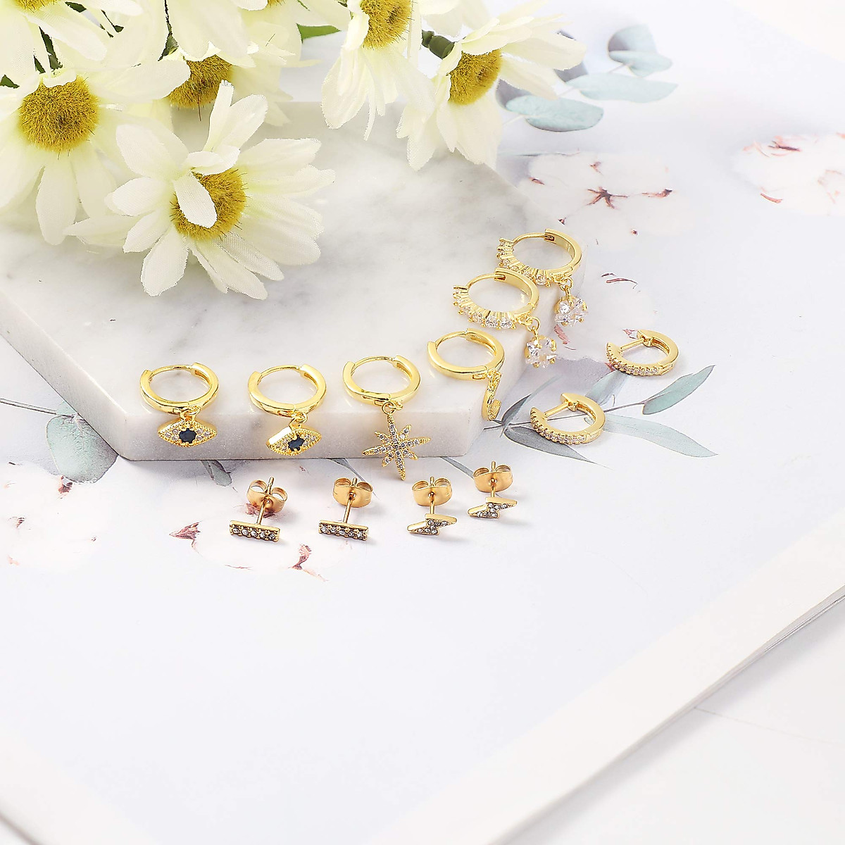 LOYALLOOK 6Pairs Moon Star Dangle Hoop Earrings for Women Mini Bar Stud Earrings CZ Drop Cartilage Cute Jewelry Small Huggie Hoop Valentine's Gift Gold Plated