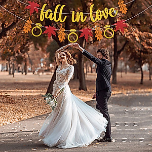 Fall in Love Banner - Fall Bridal Shower Decor, Autumn Maple Leaves Ring Theme Bridal Wedding Party Decorations Gold Glitter
