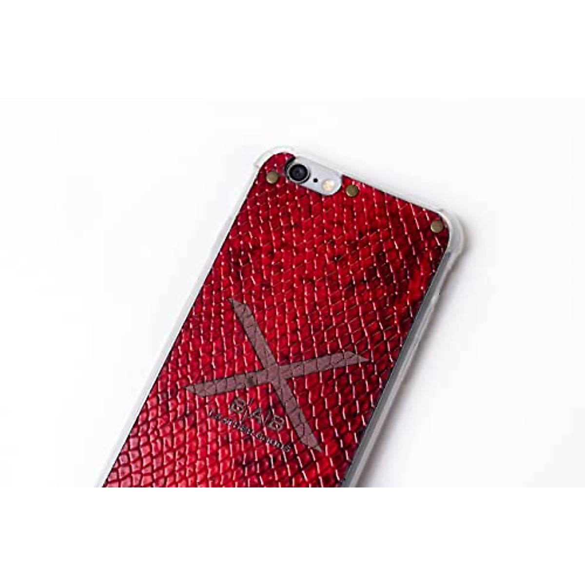 Luxurious Genuine Varnished Python Pattern Leather Case for iPhone. Engraved and Laser-Cut with 5 Bronze Rivets.- F036 (iPhone XR, Varnished Red Python)