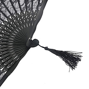 ABOOFAN Lace Folding Hand Fan Black Handmade Folding Fan Japanese Vintage Retro Fabric Fans Bamboo Hand Fan for Women Girls Dress Wedding Party Favor