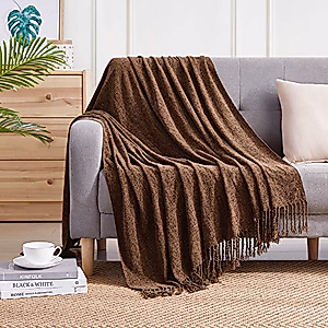 BOURINA Chenille Throw Blanket with Decorative Fringe for Couch Sofa Chair Blanket (50x60 Inches) Brown