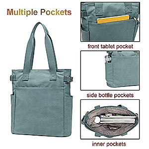 BESYIGA Tote Bag with Pockets for Women Top Handle Canvas Casual Shoulder Handbag Medium Size, Green