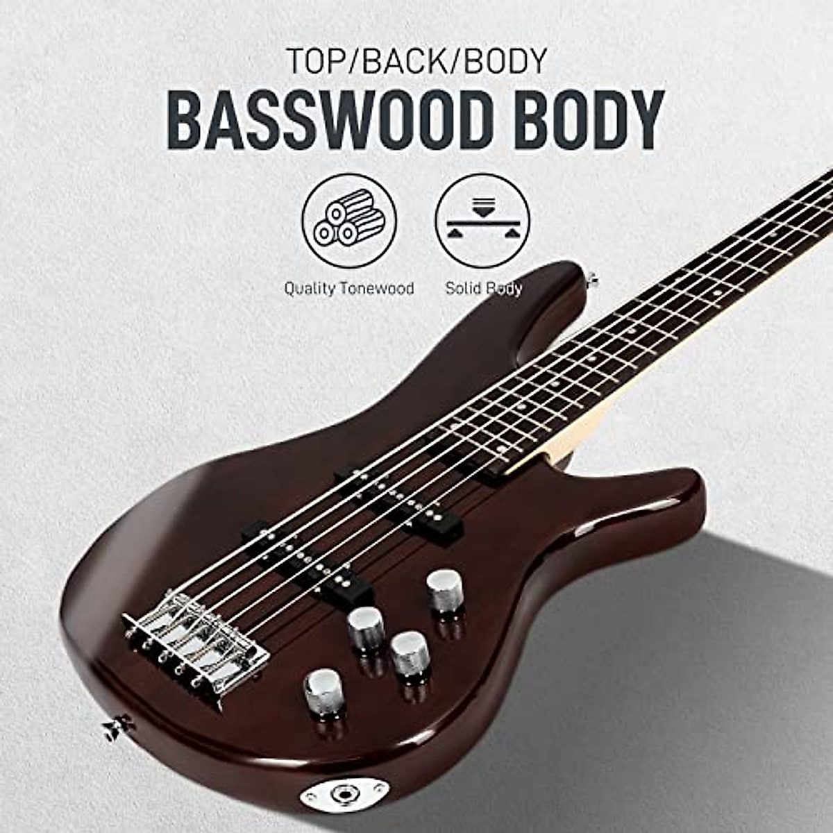 Ktaxon 5 String Electric Bass Guitar, Full Size Standard Right Handed Rosewood Fretboard Bass Kit with Gig Bag Strap Cable Wrench Tool (Earth Brown)