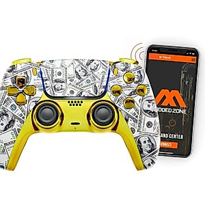 MODDEDZONE Custom Rapid Fire, Anti Recoil, Macros MODDED Wireless Controller for PS5 & PC - Unique Smart Mods for ps5 controller controlled by the APP. Best for FPS Games. Enhanced Gaming Experience (Gold Money)