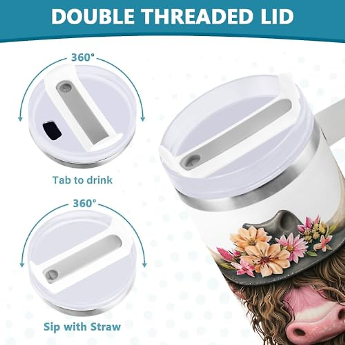 RPLIFE Beautiful Pink Highland Cow White Coffee Tumbler, Stainless Steel Coffee Cup, Insulated Coffee Mug with Lid, Tumblers for Women