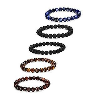 FIBO STEEL 5 Pcs 8MM Natural Healing Stone Bracelets for Men Women Beaded Bracelets Elastic,5A