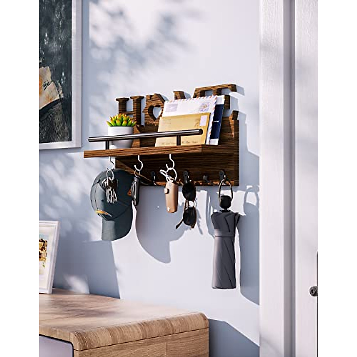 SWTYMIKI Key Holder for Wall with Home Decoration, Wood Mail Organizer with Double Key Hooks & Mail Holder Design, Wall Mounted Key Hanger for Entryway, Front Door, Hallway, Office, Brown