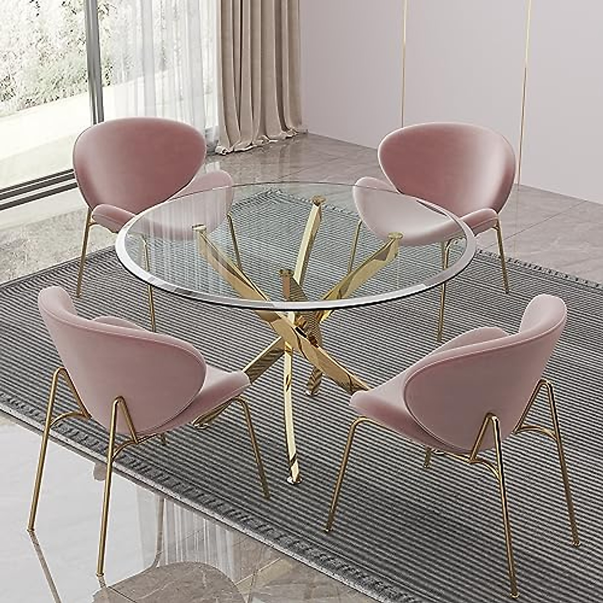 36" Round Dining Table for 4, Glass Kitchen & Dining Room Tables, Modern Circle Dining Room Table with 0.39" Tempered Glass Tabletop and Cross Stainless Steel Legs for Dinner Small Spaces