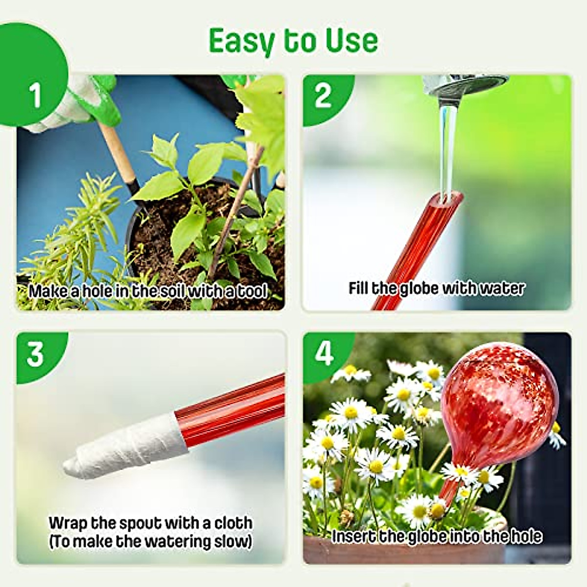 Pirhom Large Plant Watering Globes-Set of 4 | Durable Glass Automatic Waterer for Indoor Outdoor Plants | Up to 2 Weeks Hands Free | Ideal for Vacation Watering & Garden Decoration | 12"x3.5"