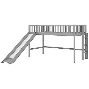 Bellemave Twin Size Low Loft Bed with Slide Wood Junior Loft Beds Frame with Ladder and Guardrails for Kids Boys Girls, Gray, Gray With Slide