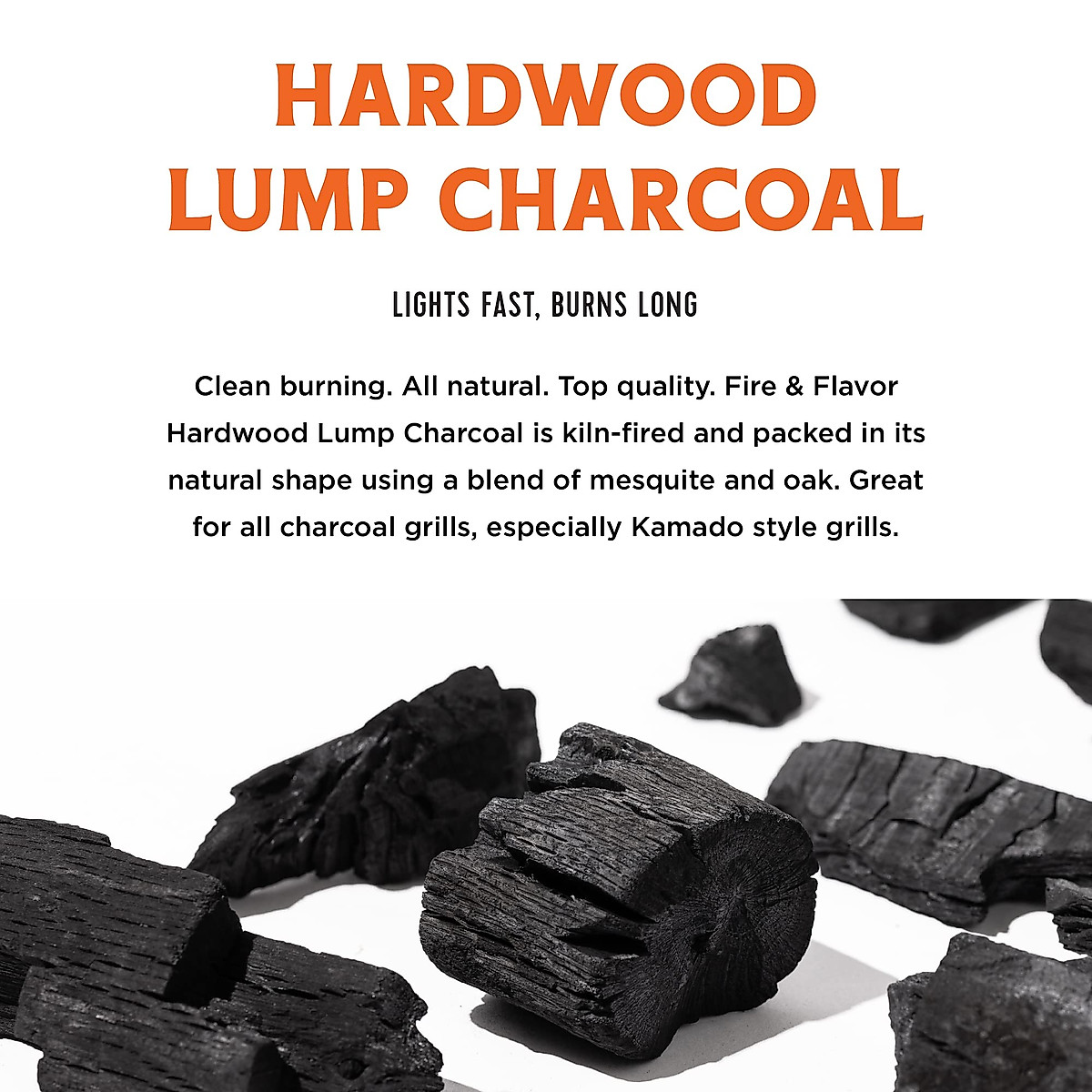 Fire & Flavor Premium All Natural Hardwood Lump Charcoal - Lump Charcoal for Grilling - Lump Charcoal for Smoker - Clean Burning Oak and Mesquite Charcoal Blend - 8lbs