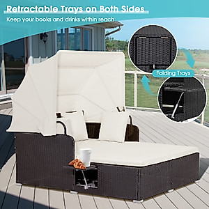 RELAX4LIFE Patio Outdoor Daybed with Canopy, Wicker Sunbed w/Cushions, 4 Pillows & 2 Retractable Side Trays, 2-Person Lounge Bed Conversation for Poolside Porch Garden, Rattan Outdoor Bed (Off White)