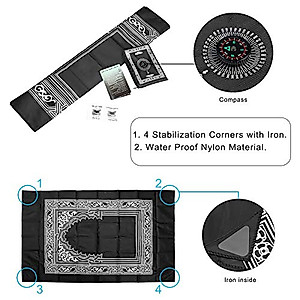 Hitopin 2 Pieces 60cm*100cm Travel Prayer Mat with Compass, Portable Polyester Prayer Rug, Islamic Waterproof Prayer Mat, for Ramadan Gifts, Islamic Prayer (Green, Black)