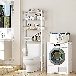 HOME BI Over The Toilet Storage Shelf ，Bathroom Organizer Over The Toilet Storage 4-Tier ，Wooden freestanding Toilet Shelf for Space Storage Toilet with Hooks (White Oak)