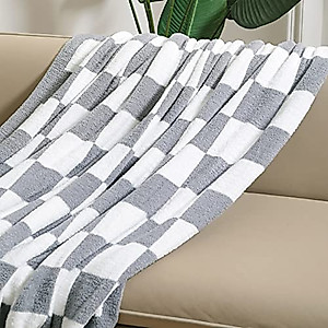 Sunyrisy Throw Blankets Checkered Reversible Plush Fleece Blanket, Super Soft Warm Cozy Throw Blanket for Couch, Decor, Bed, Chair, Knitted Fluffy Blanket, Light Grey 51''x67''