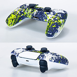 9CDeer 1 Piece of Silicone Transfer Print Protective Cover Skin + 10 Thumb Grips for Playstation 5 / PS5 Controller Green Graffiti