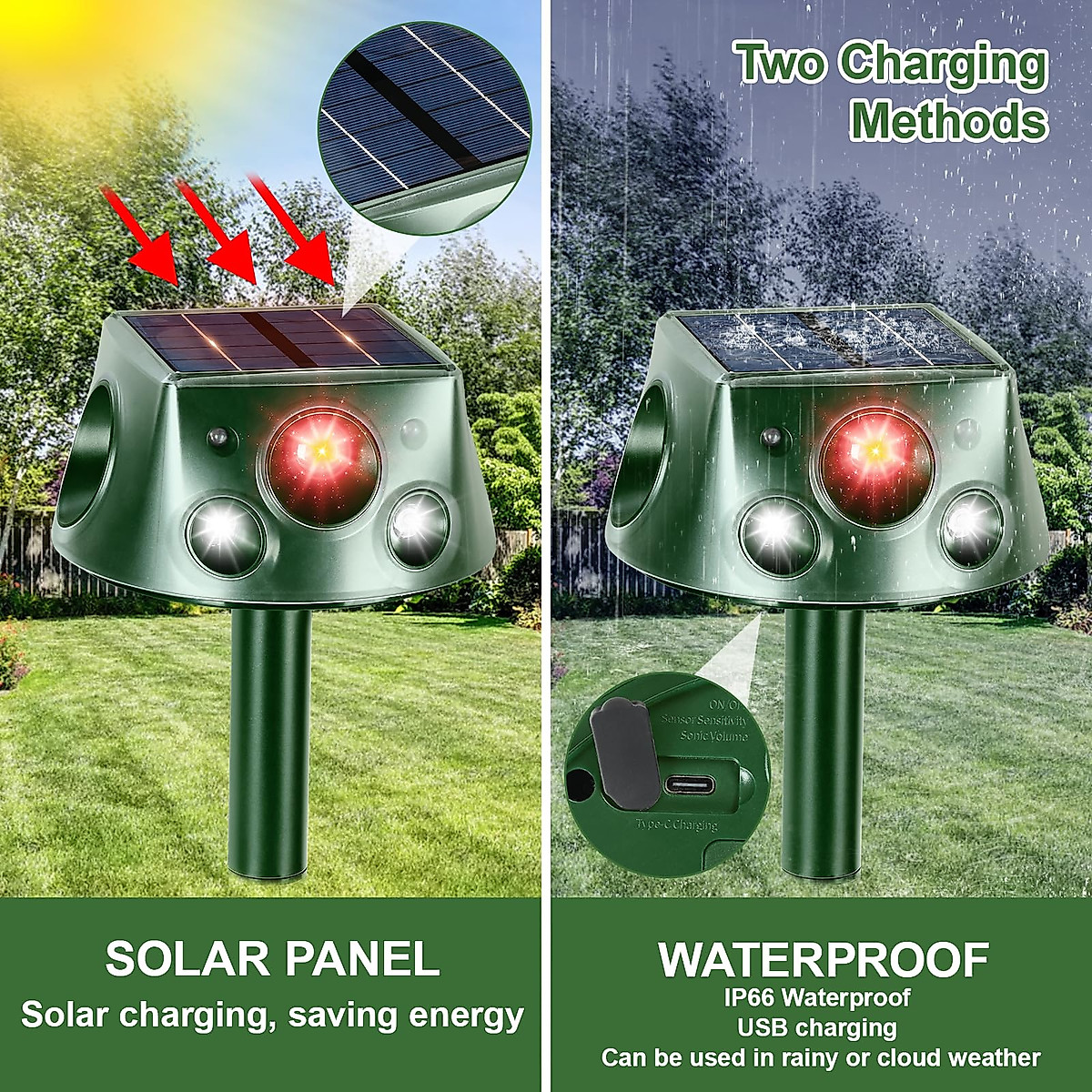 FRAMICS Solar Animal Repeller 360° Ultrasonic Animal Repellent Outdoor Solar Animal Repellent Cat Deterrent with Motion Sensor & LED Flashing Animal Repeller for Repelling Cat Squirrel Deer Raccoon