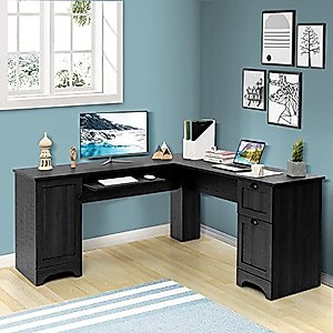 Tangkula L Shaped Office Desk, 66.5 Inches Corner Computer Desk with Storage Drawers & Cabinet, Home Office Desk with Pull-Out Keyboard Tray, Space-Saving Computer Workstation