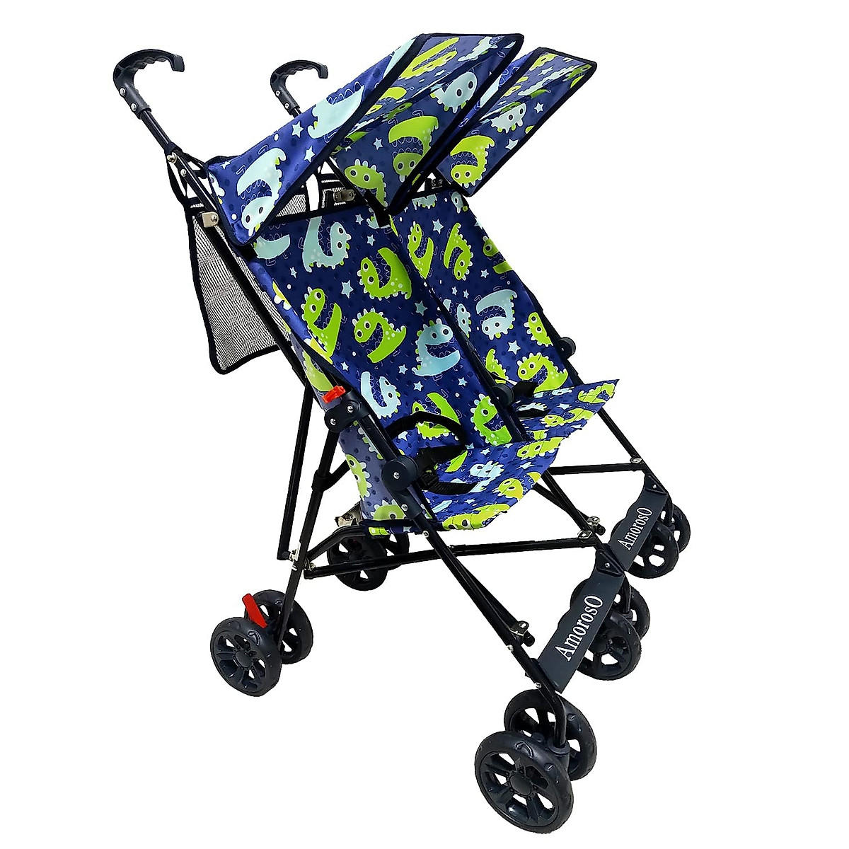 AmorosO Twin Lightweight Umbrella Stroller - Easy to Clean Stroller - Baby Stroller with Four Wheels - Travel-Ready Stroller - with Extra Storage - Sunlight and Light Rain Protection - Black