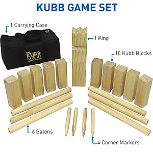 Kubb The Viking Wooden Outdoor Lawn Game 1 King, 10 Kubb Blocks, 6 Long Batons, 4 Corner Markers & Carrying Bag