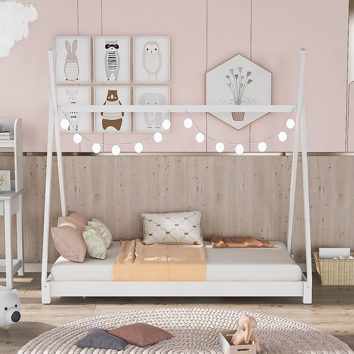 Solid Wood Twin Size Canopy Platform Bed with Triangle Structure, Twin Floor Bed Frame for Boys, Girls, Teens, Mattress Base, No Box Spring Needed (White)
