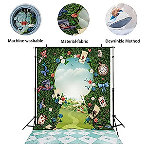 Newsely Wonderland Tea Party Photo Backdrop 5Wx7H Photography Key Hold Checkerboard Green Grass Fence Decorations Background for Newborn Baby Shower Fairy Castle Tale Tapestry Banner Props Supplies
