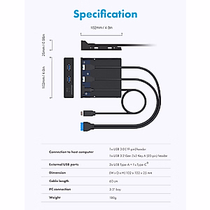 GRAUGEAR 3.5 Inch Front Panel USB Hub, Internal USB Hub with 20Gbps USB3.2 Gen2 USB-C and USB 3.0 Ports, USB3.2 Type-E Key-A 20-Pin Header & USB3.0 Header Required, Fits 3.5" PC Computer Case [G-MP01]