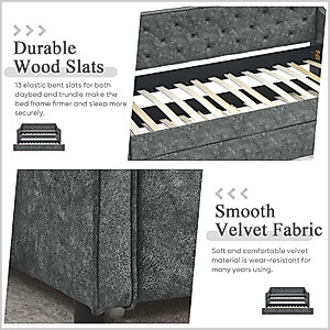 Antetek Daybed with Trundle, Fabric Upholstered Twin Size Day Bed Pull-Point Sofa Daybed Frame w/Twin Roll-Out Trundle, No Box Spring Needed, Furniture for Bedroom, Living Room, Guest Room, Grey