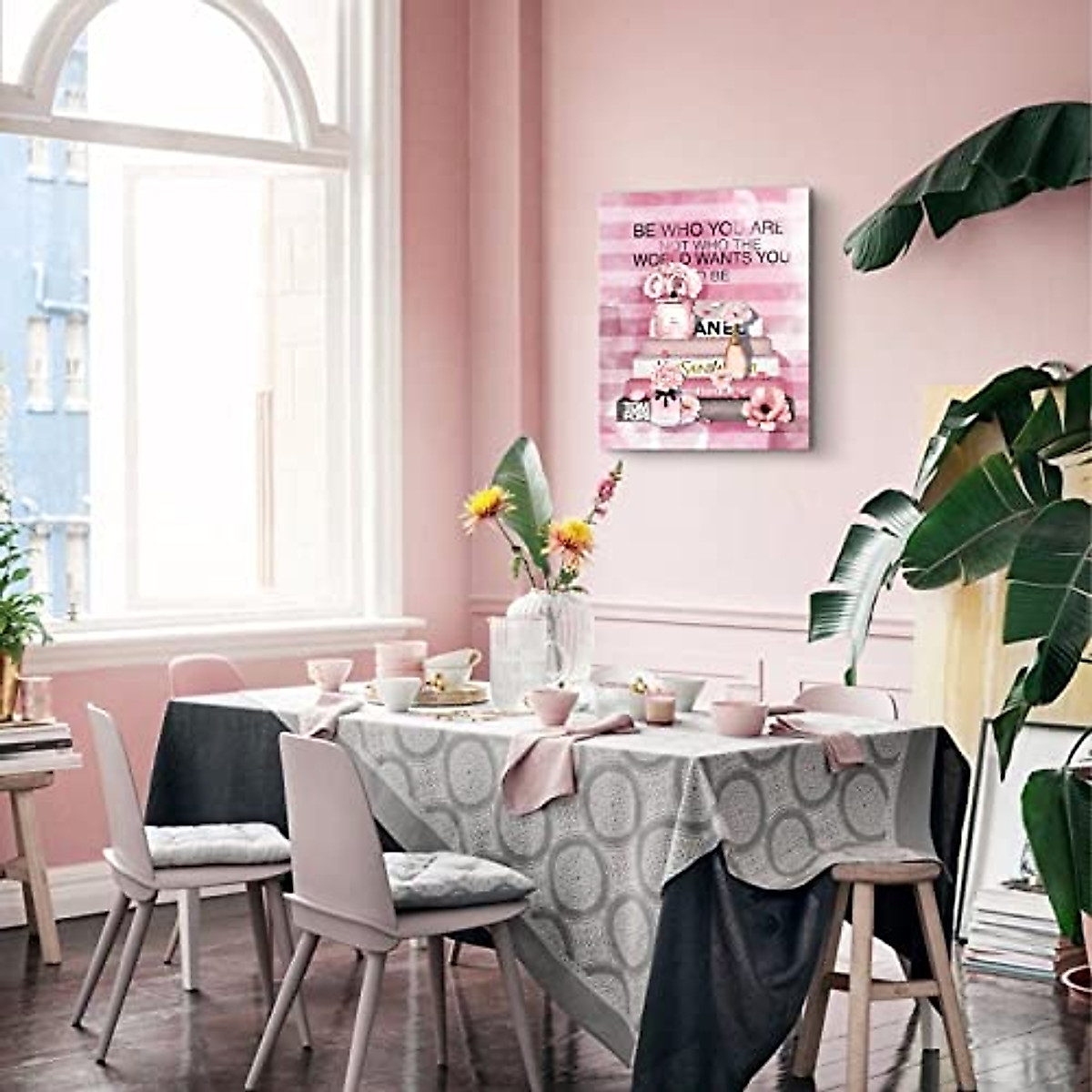 SOULDOOR Fashion Women Art Print Pink Flowers Painting Canvas Vogue Perfume Poster With Framed Ready to Hang for Girls Gift Bedroom Dressing room 11X14INCH