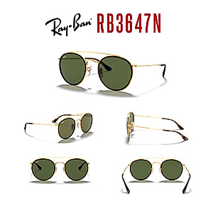 Ray-Ban RB3647N 001 51M Gold/Crystal Lens G-15 Green Round Sunglasses For Men For Women + BUNDLE with Designer iWear Eyewear Kit