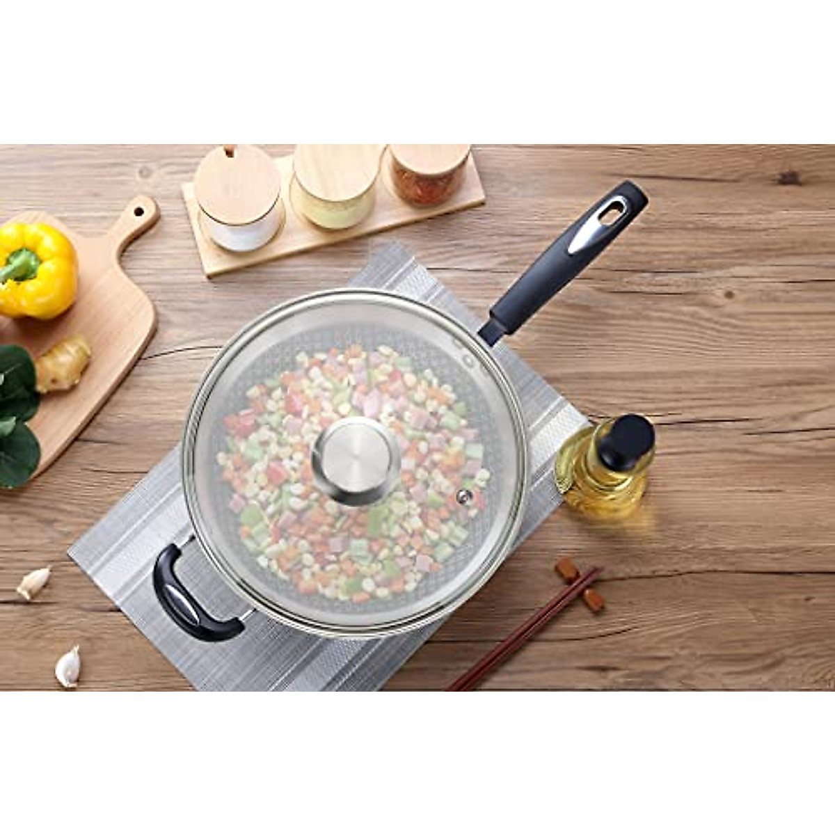 Tsnamay 10 Inch Clear Glass Pot Lid for Frying Pan Replacement Cover Can Withstand 356°F (180℃) with Stainless Steel knobs