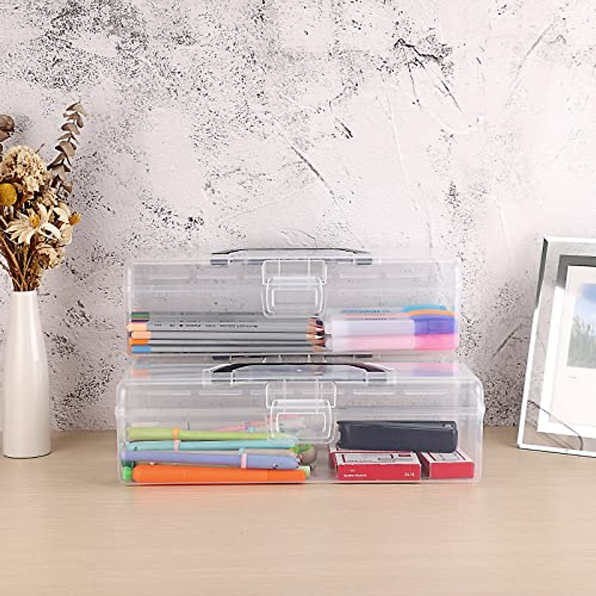 BTSKY 3 Pack Long Plastic Pencil Box Portable Clear Home Utility Boxes with Black Handle Stationery Storage Organizer Painting Tool Storage Container for Pencils Markers Sticky-Notes Craft Supplies