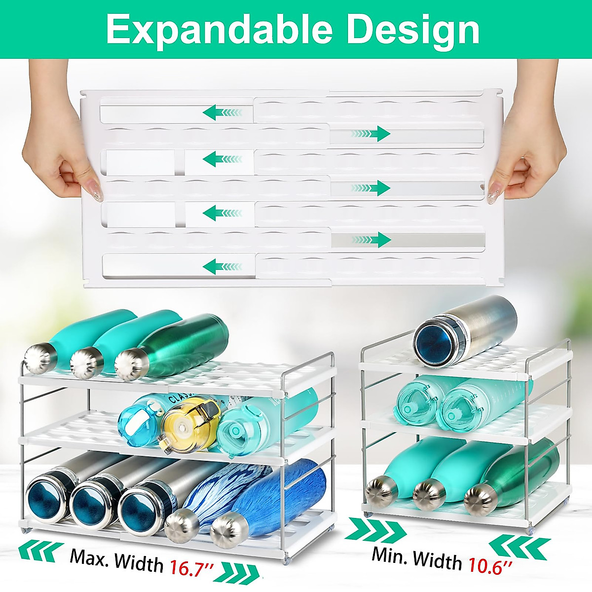 Water Bottle Organizer for Cabinet, 3 Tier Expandable Water Bottle Storage Rack, Water Bottle Shelf Storage for Tumbler Sports Flask Travel Mugs, Tumbler Storage for Cabinet Kitchen Countertop Fridge