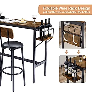 GNIXUU Bar Table and Chair Set for 2, 3-Piece Wooden Pub Dining Set with Folding Wine Rack, Industrial Kitchen Counter Height Table with 2 PU Stools for Breakfast Nook Bistro Small Space(Brown)