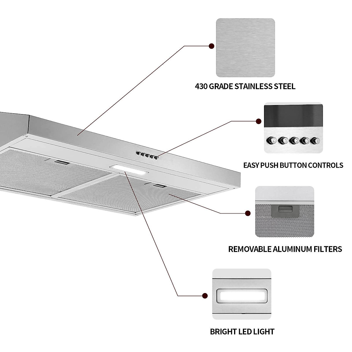 SNDOAS Under Cabinet Range Hood 30 inch,Kitchen Hood with LED Light,Push Button Controls,3 Speeds,Stainless Steel Range Hood,Ducted/Ductless Convertible Kitchen Over Stove Vent,Charcoal Filter