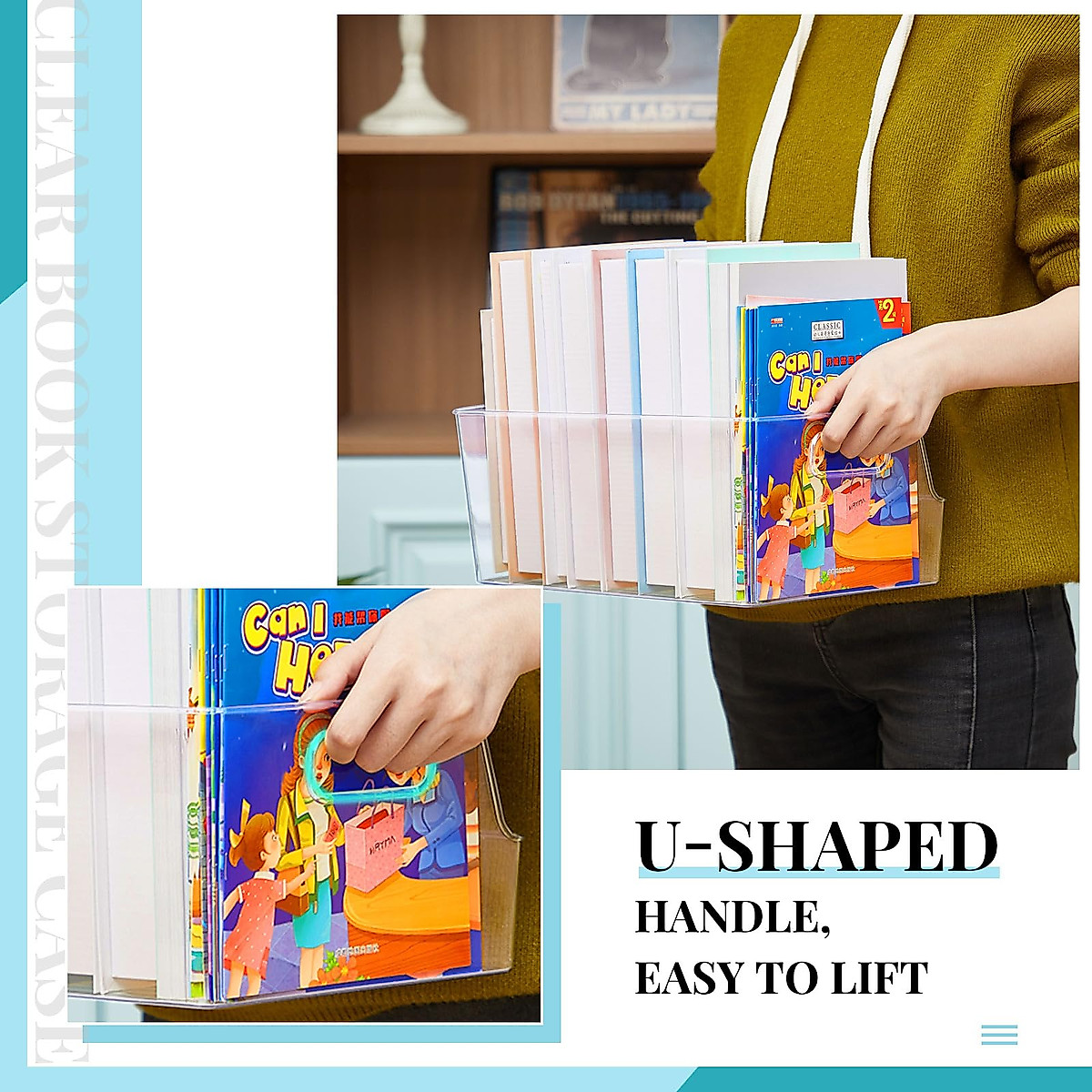 Menkxi 4 Pcs Clear Large Storage Book Display Case 13 x 8.5 x 5.9 Inch Book Organizer Stackable Bookcase Display Storage Containers with Handle Office Bookshelf Organizer Rack for CDs Magazine Books