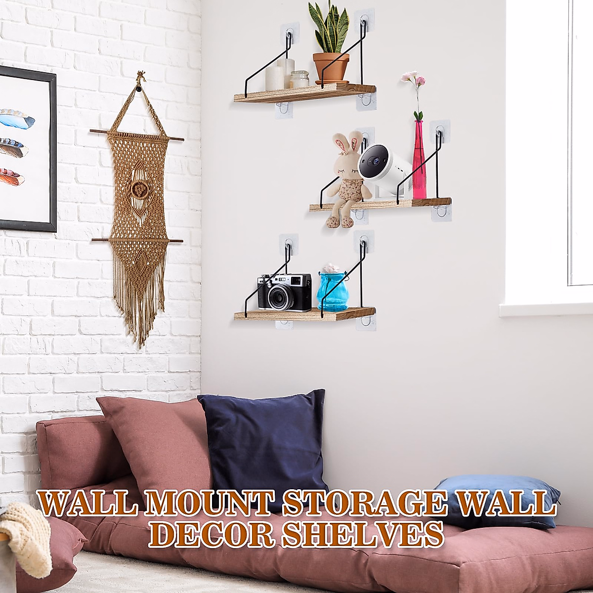 CONDRA FIELD No Drill Shelf,3 Pack Upgrade Floating Shelves with 3 Installation Options,Students and Renter Friendly Wall Hanging Shelves,Perfect for Dorm,Bathroom,Kitchen,Living Room.