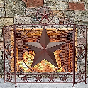 BestGiftEver 3-Panel Fireplace Screen Decorative with Rustic Brown Star Detail - Stand Alone Fireplace Cover Metal Mesh Screen - Home Decor for Cabin, Lodge, and Rustic Country Style Firescreen