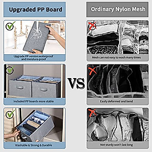 Clothes Organizer with Larger Grid (3.2"W), Foldable Wardrobe Clothes Organizer with Handles & Removable PP Board, Fabric 5 Grids Drawer Organizers for Clothing Jeans Underwear Pants Socks (2 Pack)