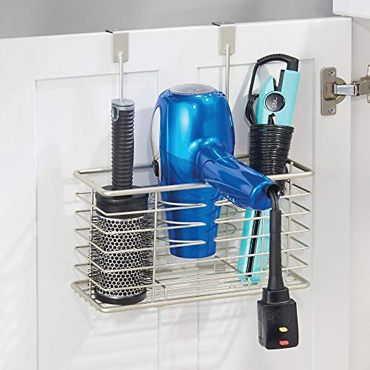 mDesign Steel Over Cabinet/Door Hair Dryer Holder Storage, Hair Styling Tool Organizer Basket for Bathroom - Hair Blow Dryer, Flat Iron, Curling Wand, Hair Straightener, Linelle Collection - Satin