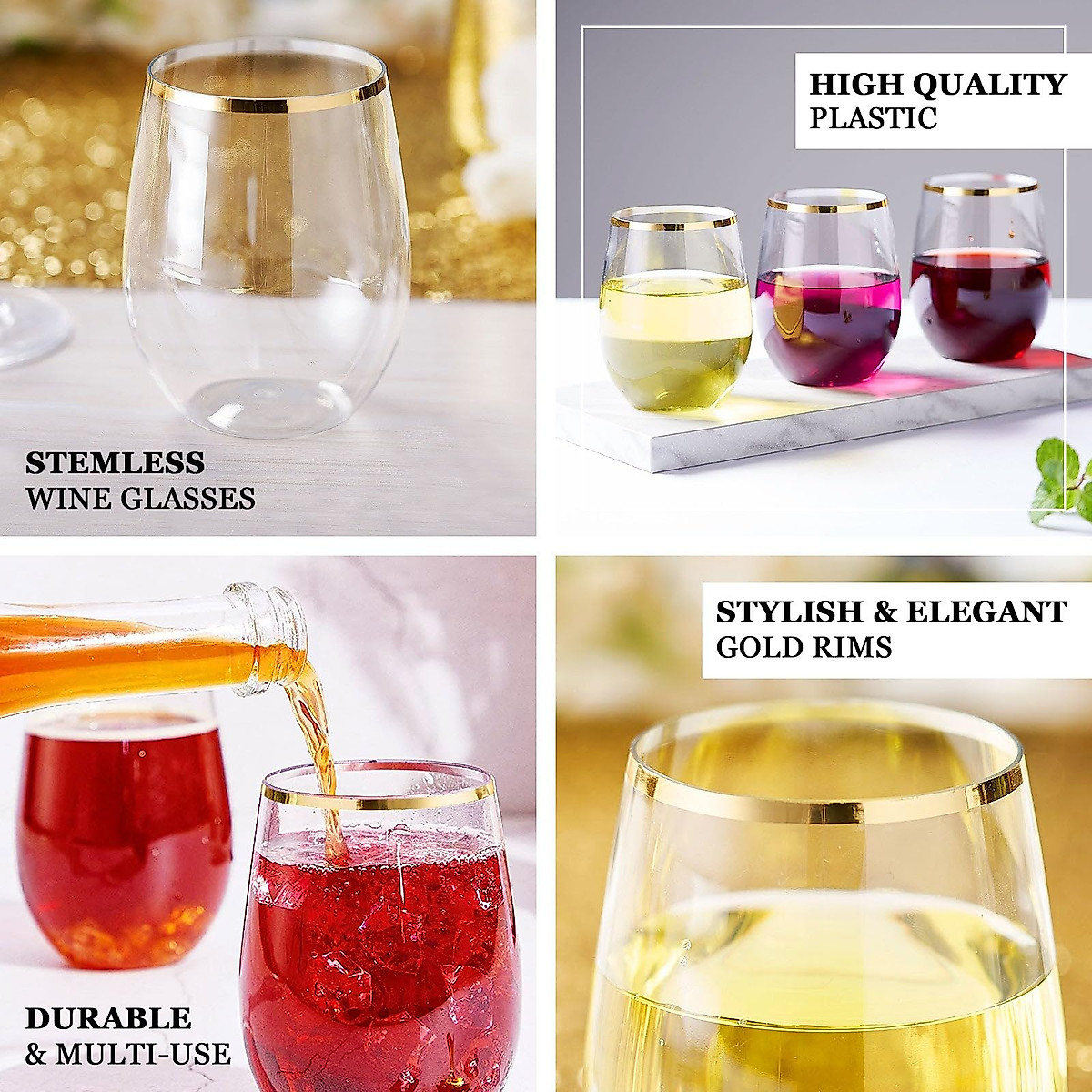 Efavormart 12 Pack - 14oz Clear Disposable Wine Glasses, Plastic Stemless Wine Tumbler with Gold Rim for Parties, Weddings, Picnics, Catered Events