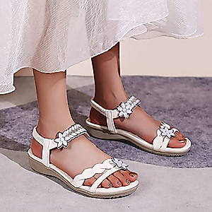 Sandals for Women Summer Flower Sandals Casual Beach Bohemian Sandals Open Toe Elastic Ankle Casual Shoes (White, 6.5)