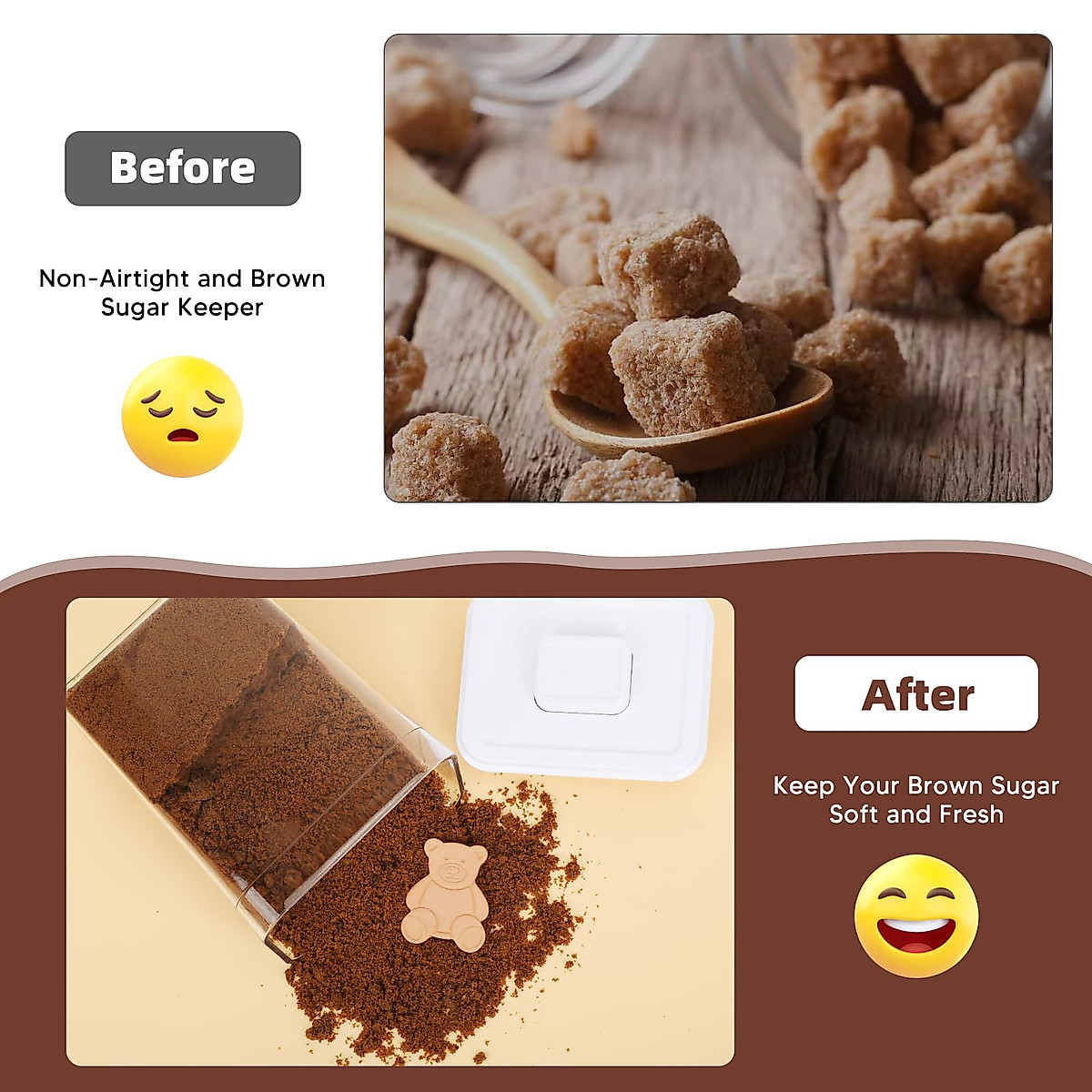SUMMORO Brown Sugar Keeper, Brown Sugar Container 2.4Qt/2300ml with 6 PCS Brown Sugar Keeper Saver, Pop Airtight Food Storage Containers Brown Sugar Bear Softener for Moisture, Food Safe and Reusable
