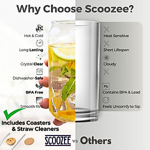 Scoozee Glass Cups with Lids and Straws (Set of 4, 16 oz) - Glass Tumbler with Straw and Lid, Can Shaped Drinking Glasses, Iced Coffee Cup, Beer Glasses - Aesthetic Cute Coffee Bar Gift