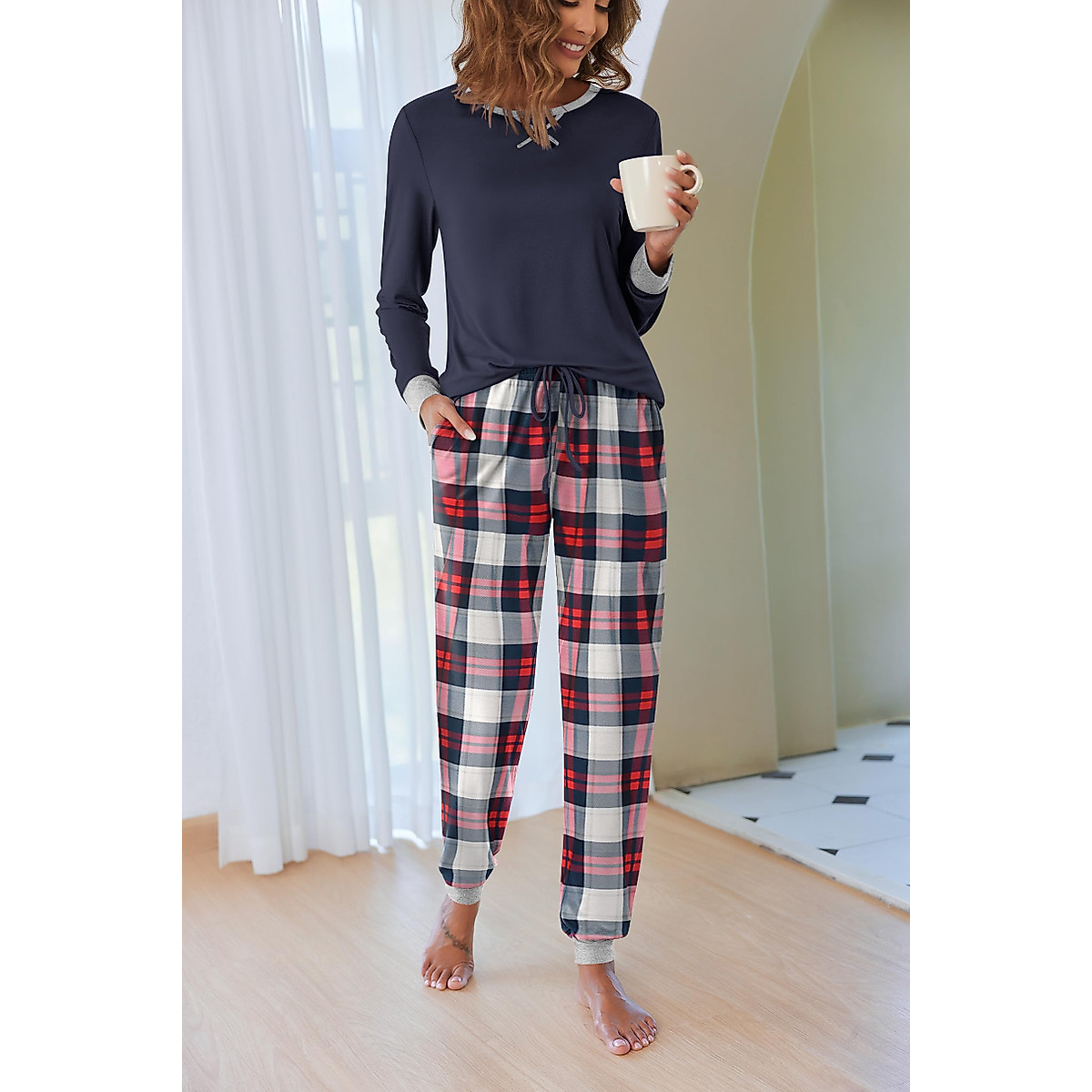Ekouaer Pajamas Women’s Long Sleeve Sleepwear Christmas Plaid Lounge Sets Winter Pjs With Pockets Blue Plaid,Large