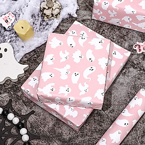 JarThenaAMCS Halloween Ghost Wrapping Paper - Mini Roll - 17 In x 32.8 Ft Pink Cute Cartoon Ghost Boo Gift Wrap Paper for DIY Art Craft Wedding Birthday Baby Shower
