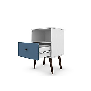 Manhattan Comfort Liberty Collection Mid Century Modern Nightstand With One Open Shelf and One Drawer, Splayed Legs, White/Blue