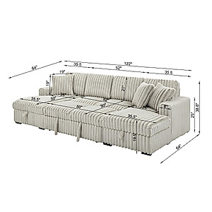 122'' Convertible U-Shaped Faux Rabbit Fur Plush Sectional Sleeper Sofa, Upholstered Cloud Couch Pull-Out Sofa Bed with Storage Chaise and 3 Throw Pillows for Living Room (Khaki, 122'' x 64'')